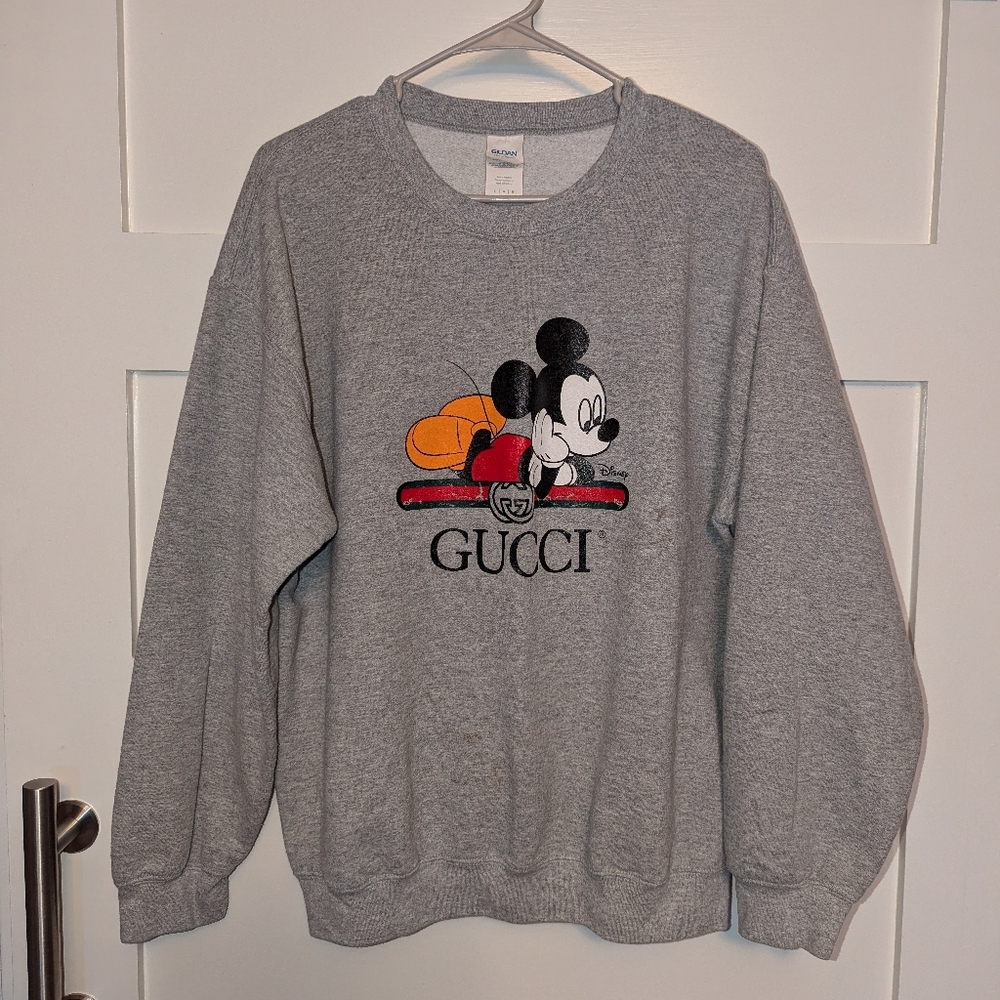 Gildan Mickey Mouse And Gucci Screen Print Gray Crewn… - Gem